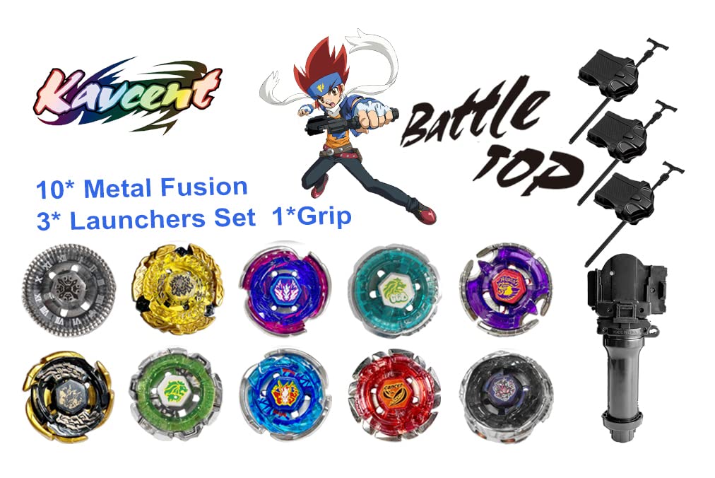 10 Pack Bey Burst Battle Metal Fusion Fury Evolution Pegasus Set with 3 Launcher Set and 1 Grip Toys for Boys Prime Masters