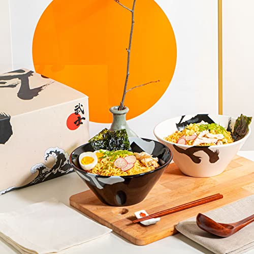 BICETTO Ceramic Japanese Ramen Bowl Set, 60oz Large Ramen Bowls with Chopsticks, Spoons and Chopstick Rests – Bowl for Ramen, Pho, Salad, Poke, Soup, Udon – Minimalist Design, Premium Quality, Black