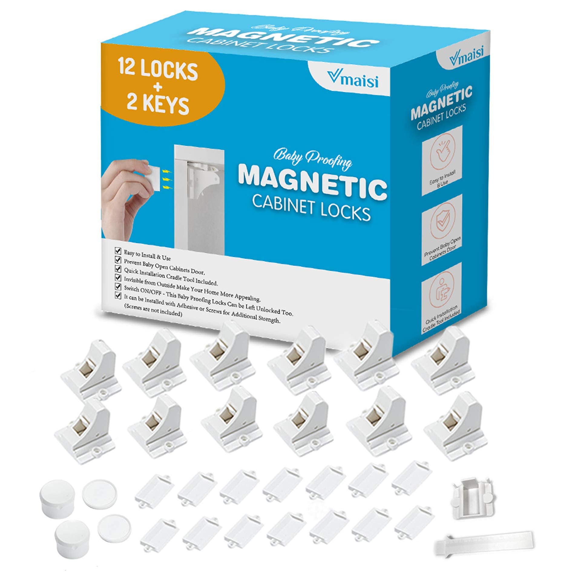 32 Locks Magnetic Cabinet Locks - 4 Magnet Keys bundle with 38 Pack Outlet Covers - 70 Pack Child Safety Kit