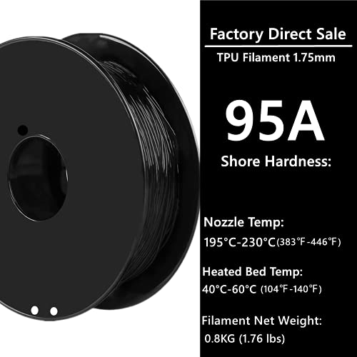 BigcaseTech 0.8KG Spool TPU Filament,95A TPU 3D Printer Filament,1.75mm, Flexible Soft Filament, Dimensional Accuracy +/- 0.03 mm for Comgrow Creality ELEGOO ANYCUBIC etc. 3D Printer(Black TPU)