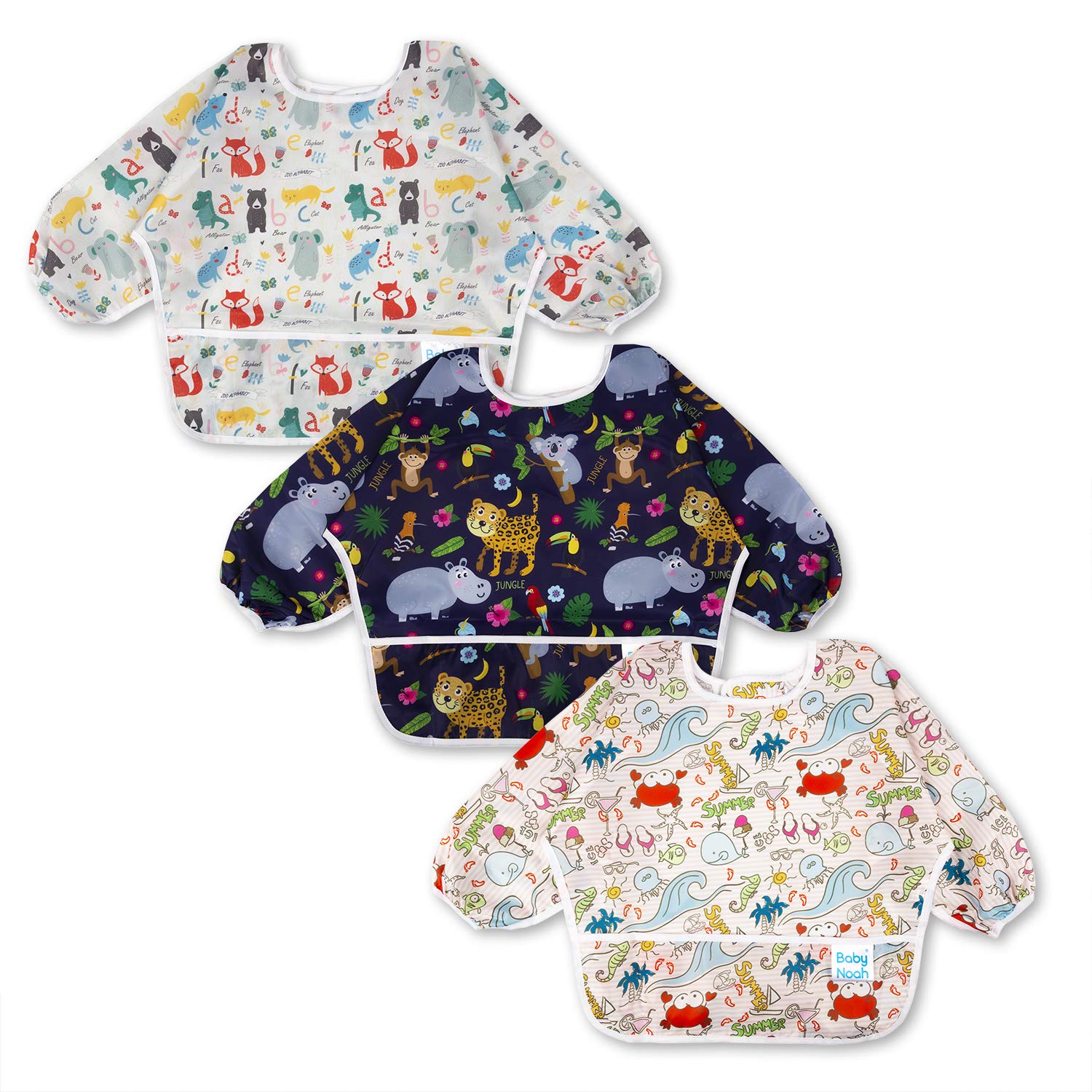 3 Pcs Long Sleeved Bib Set | Baby Waterproof Bibs with Pocket Bundle | Toddler Bib with Sleeves and Crumb Catcher | Stain and Odor Resistance Play Smock Apron - Pack of 3 | 6-24 Months