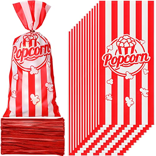 100 Pcs Popcorn Bags for Party Treat Set, Cellophane Candy Bags Red White Stripe Cookie Snacks Bags with 150 Red Twist Ties for Circus Carnival Birthday Party Favor(Strip Style)