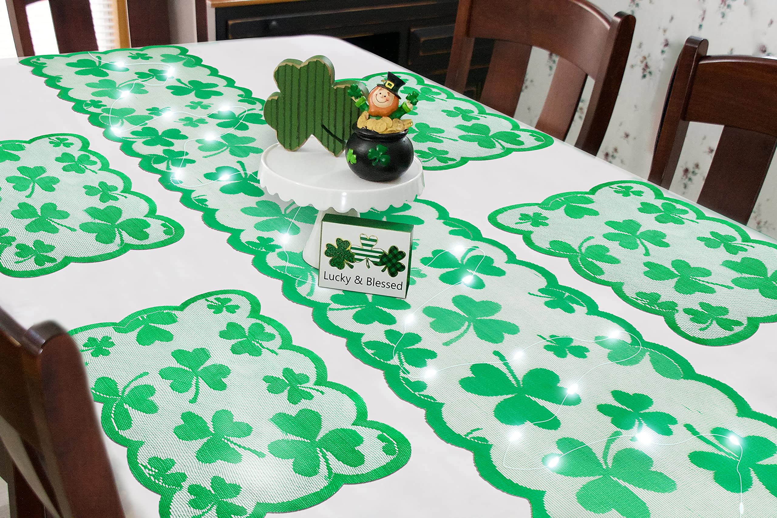 6PCS St Patricks Day Decorations Table Runners Placemats Saint Shamrock Green Lace Embroidered Irish Clover Party Decor Supplies,with 2 Light Strips