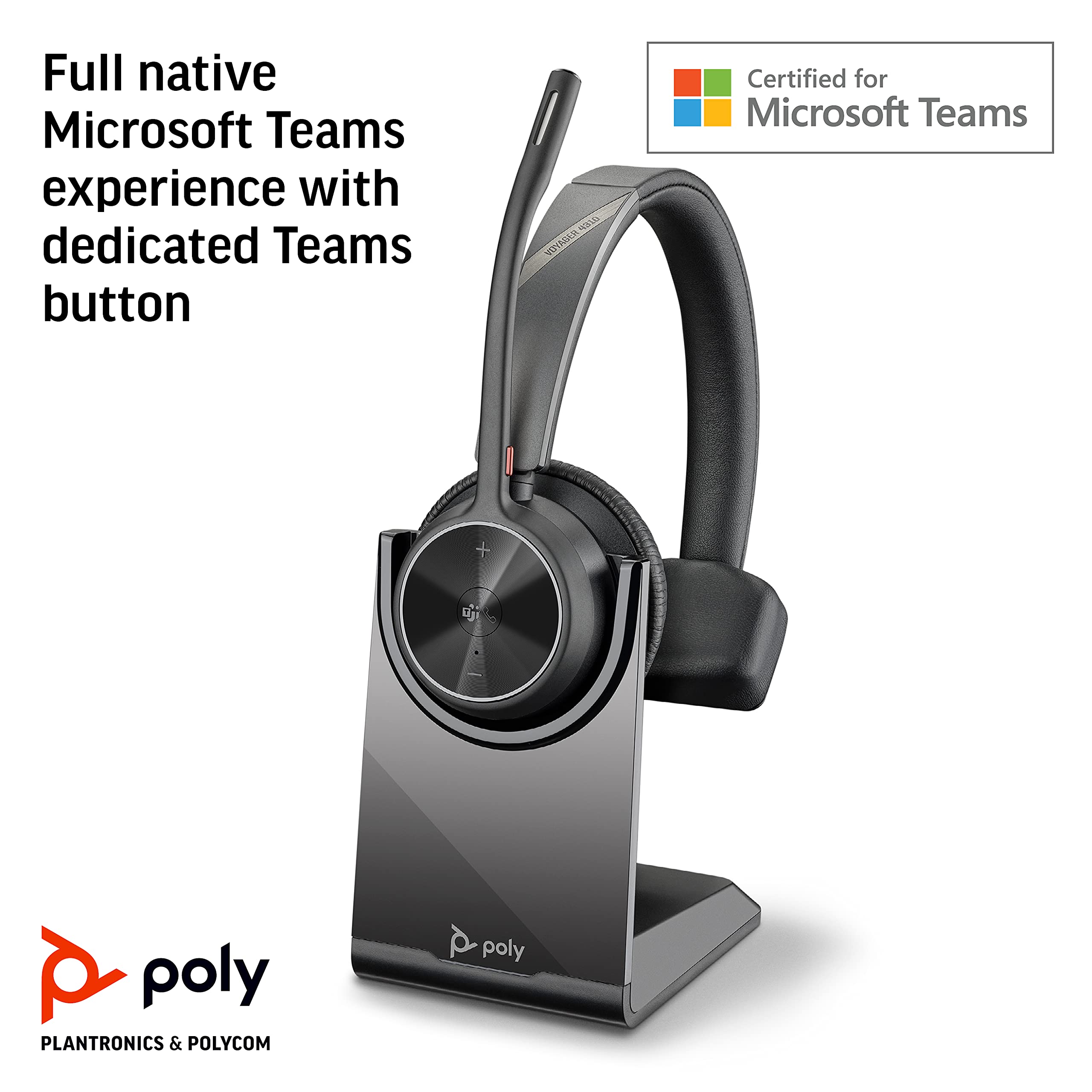 Poly - Voyager 4310 UC Wireless Headset + Charge Stand (Plantronics) - Single-Ear Headset- Connect to PC/Mac via USB-C Bluetooth Adapter, Cell Phone via Bluetooth-Works w/Teams (Certified), Zoom&More