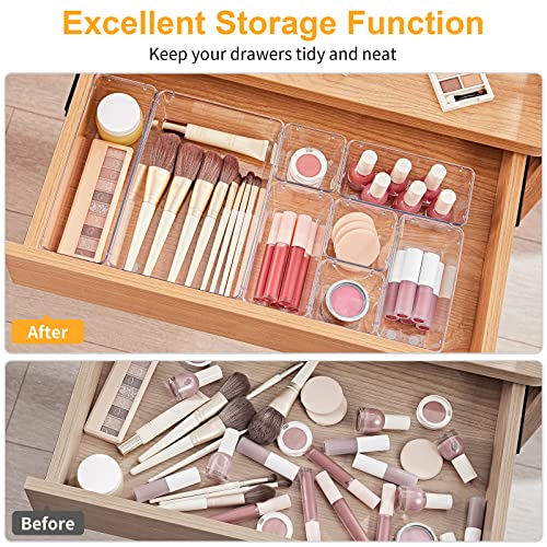 SMARTAKE 28-Piece Drawer Organizers with Non-Slip Silicone Pads, 4-Size Desk Drawer Organizer Trays Storage Tray for Makeup, Jewelries, Utensils in Bedroom Dresser, Office and Kitchen, Clear