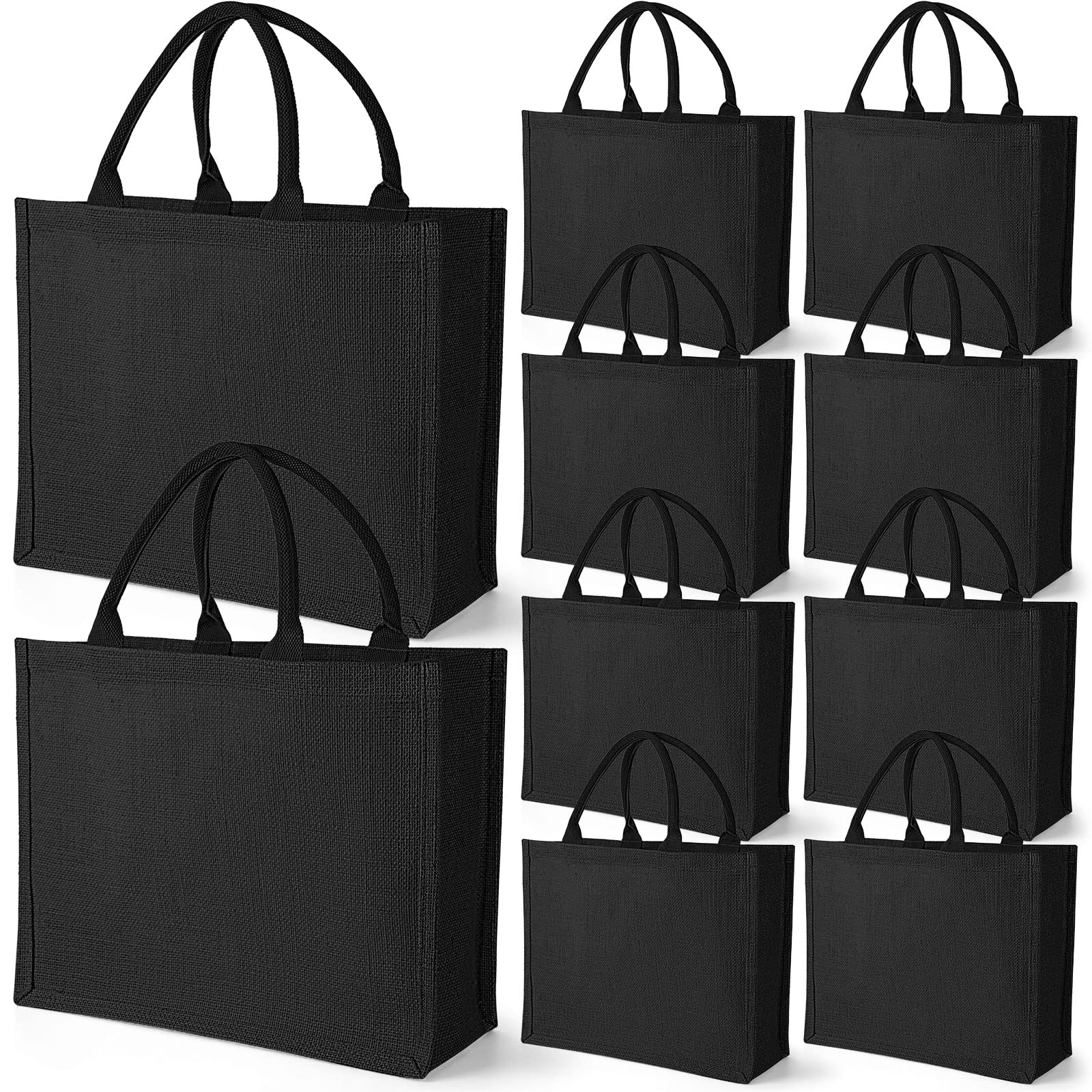 10 Packs Black Burlap Tote Bags Wedding Jute Tote Gift Bags Burlap Bags with Handles Large Blank Reusable Shopping Tote Kitchen Reusable Grocery Bags for Bridesmaid DIY Craft, 15.35 x 5.91 x 12.2 Inch