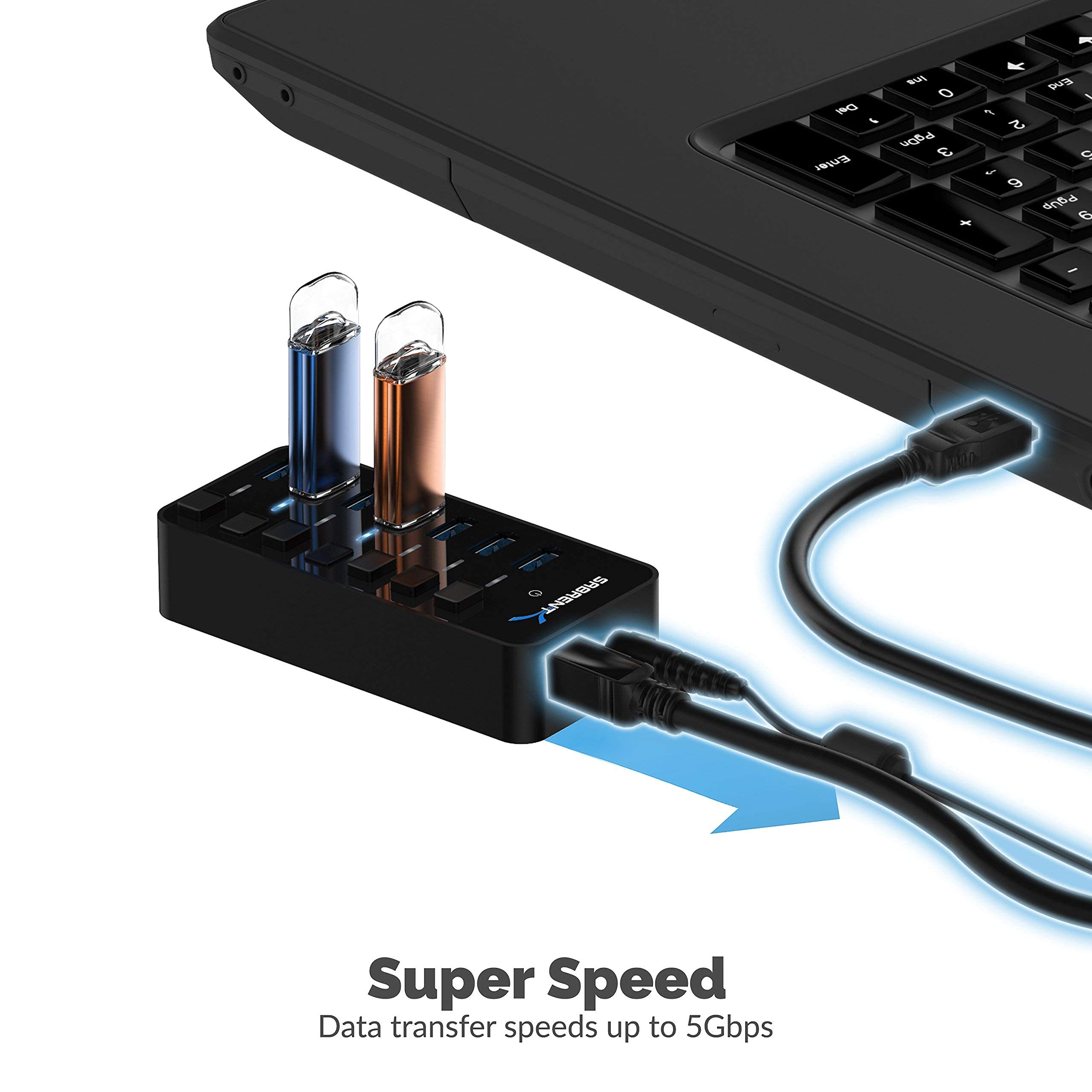 7 Port USB 3.0 Hub with Individual Power Switches and LEDs Includes 36W 12V/3A Power Adapter+USB 3.0 to SSD / 2.5 Inch SATA I/II/III Hard Drive Adapter