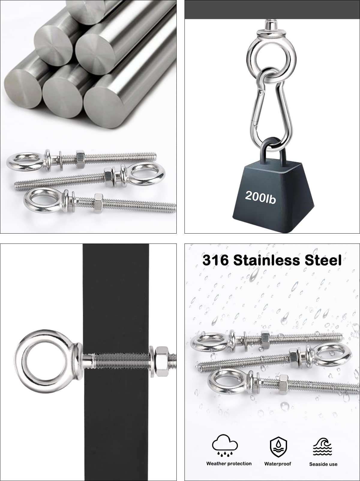 Abimars Lifting Shoulder Eye Bolt M6 with Nuts and Spring Snap Hook, 4 Pcs 316 Stainless Steel Eyebolts for Hanging Items
