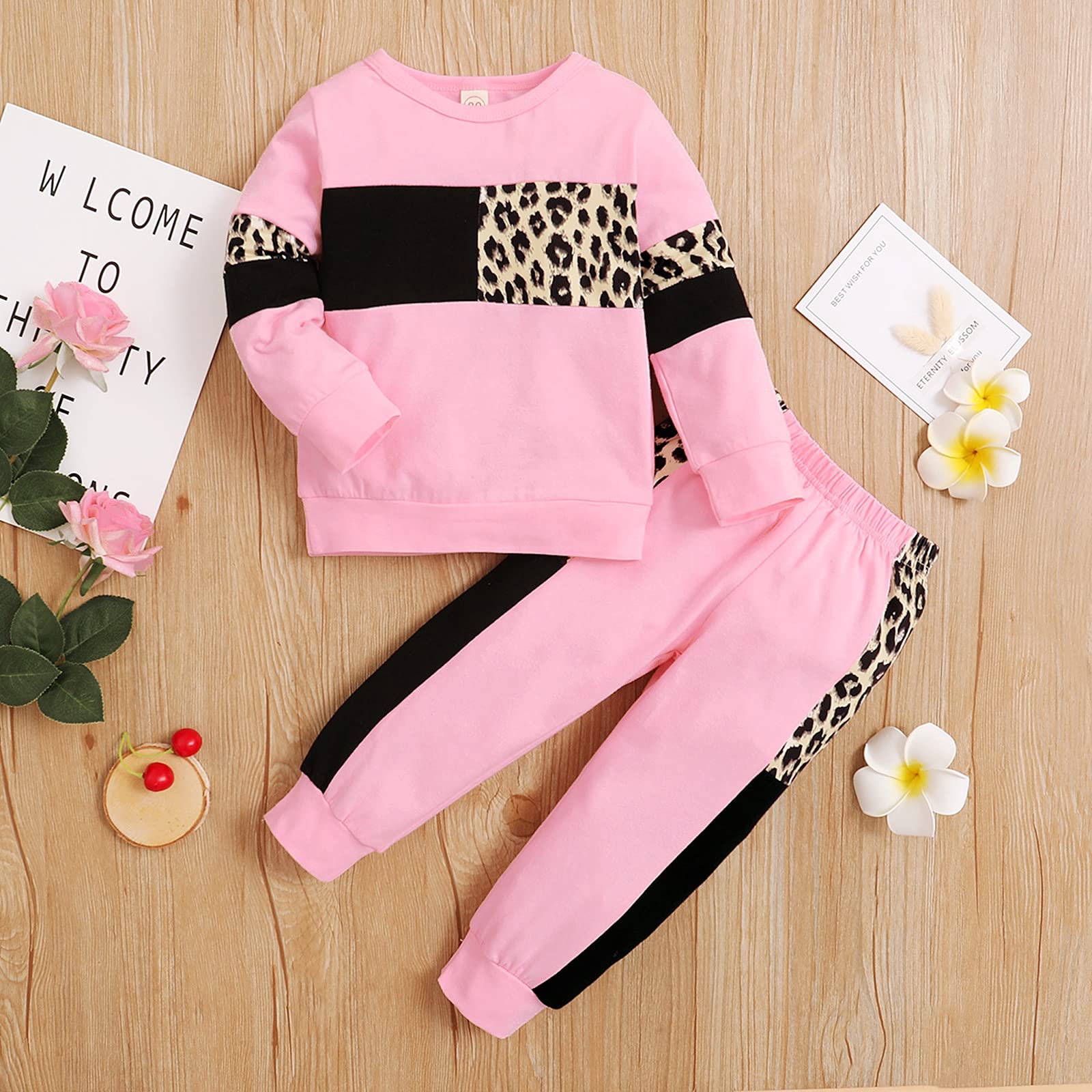 Tikoubabe Toddler Girl Clothes Baby Sweatshirt Leopard Fall Winter Outfits Long Sleeve Tops Pants Set 2 Pcs Pink 4-5 Years 120CM