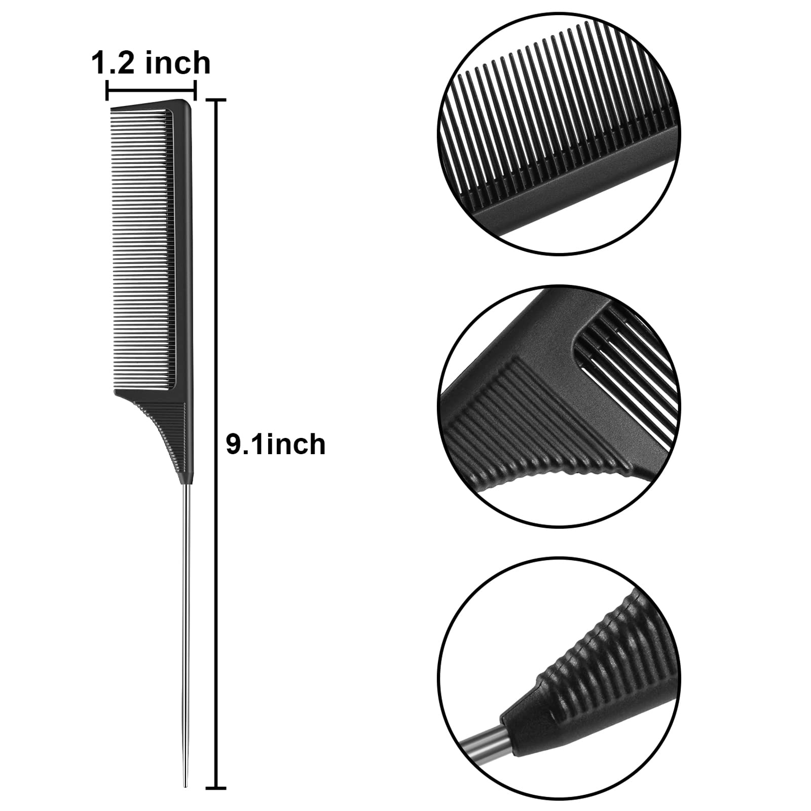 3 Packs Rat Tail Comb Steel Pin Rat Tail Carbon Fiber Heat Resistant Teasing Combs with Stainless Steel Pintail (Black)