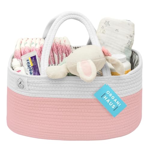 OrganiHaus Pink Diaper Caddy Organizer, Nursery Baskets, Baby Baskets for Storage, Baby Diaper Caddy Organizer for Changing Table, Car Diaper Caddy for Baby Girl and Boy, Baby Shower Basket