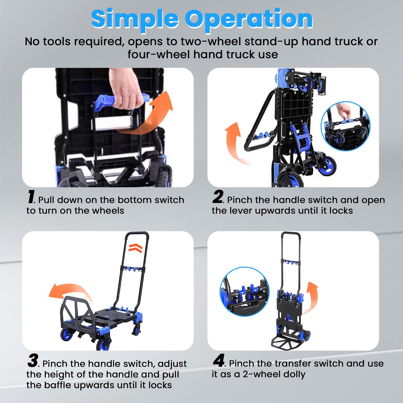 2 in 1 Hand Truck Dolly Foldable, 330LBS Foldable Handtruck Dolly, Portable Foldable Dolly with Wheels, Retractable Handle & 4 Rubber Wheels, Hand Cart Foldable for Travel/Luggage/Office/Moving