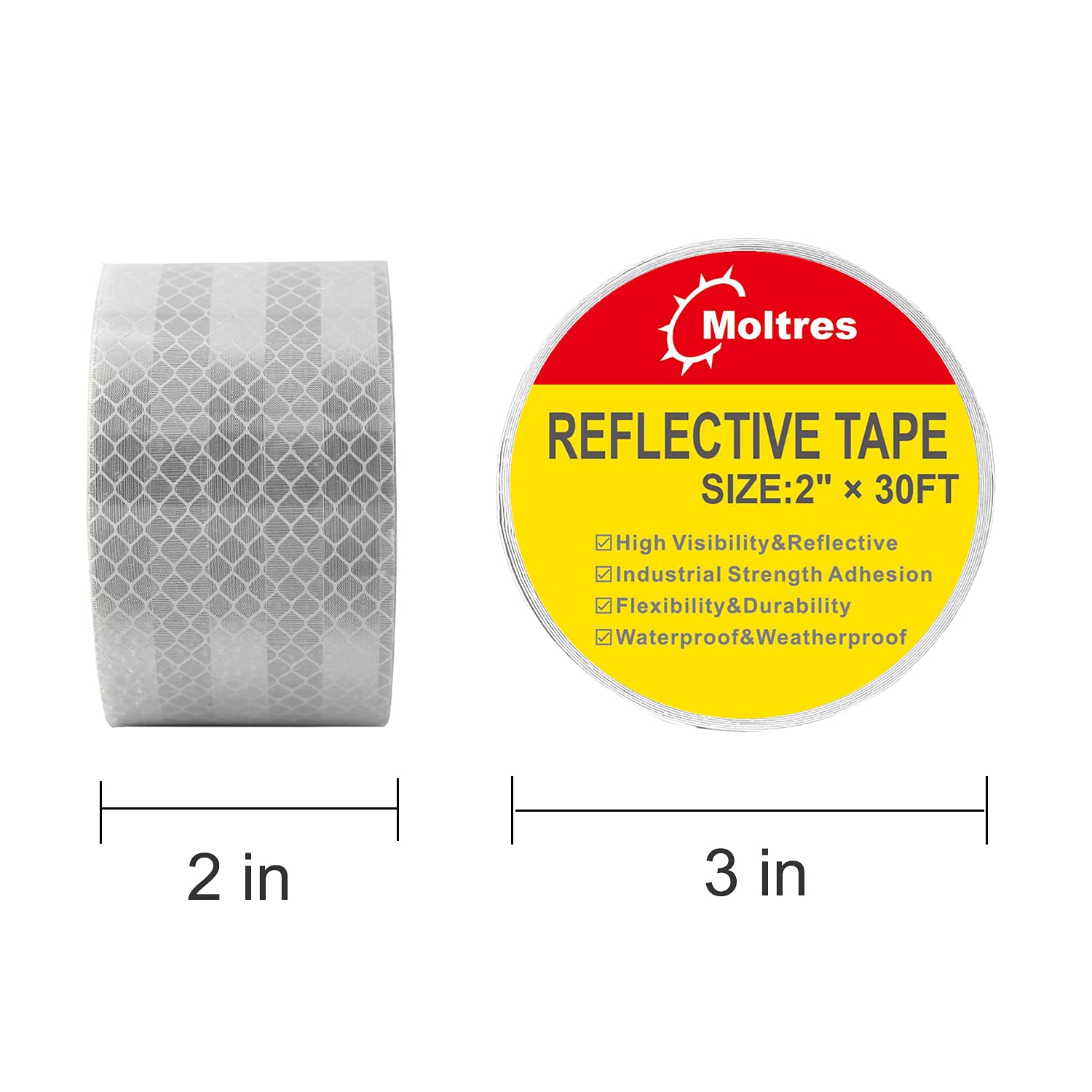MOLTRES DOT-C2 Reflective Tape,White Silver 2Inch X30 Feet Waterproof Conspicuity Safety Tape,Trailer Self Adhesive Warning Caution Reflector Tapes for Car Trucks Trailer Vehicle Outdoor