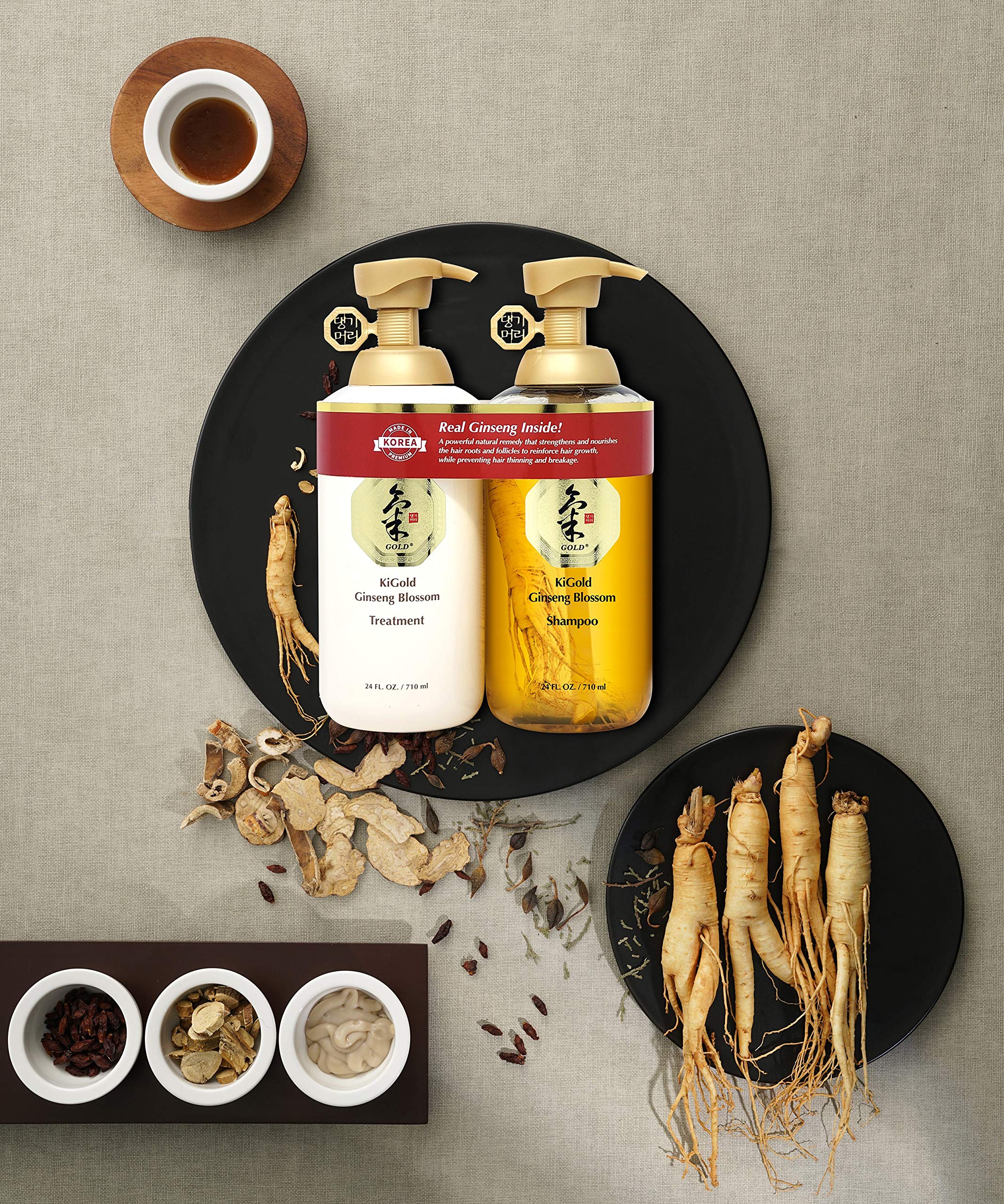 Daeng Gi Meo Ri - Ki Gold Ginseng Blossom Shampoo & Treatment Set, Real Ginseng Inside, Herbal Shampoo, Hair Growth, Preventing Hair Loss, 710ml each
