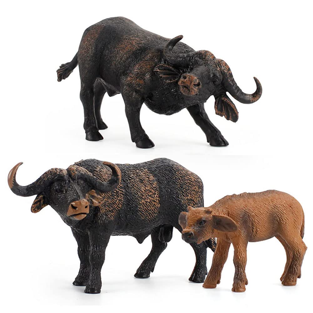 3 Pcs African Safari Bull Action Figure Toy, Realistic Buffalo Figurines Collection Playset Preschool Science Educational Learn Cognitive Props,