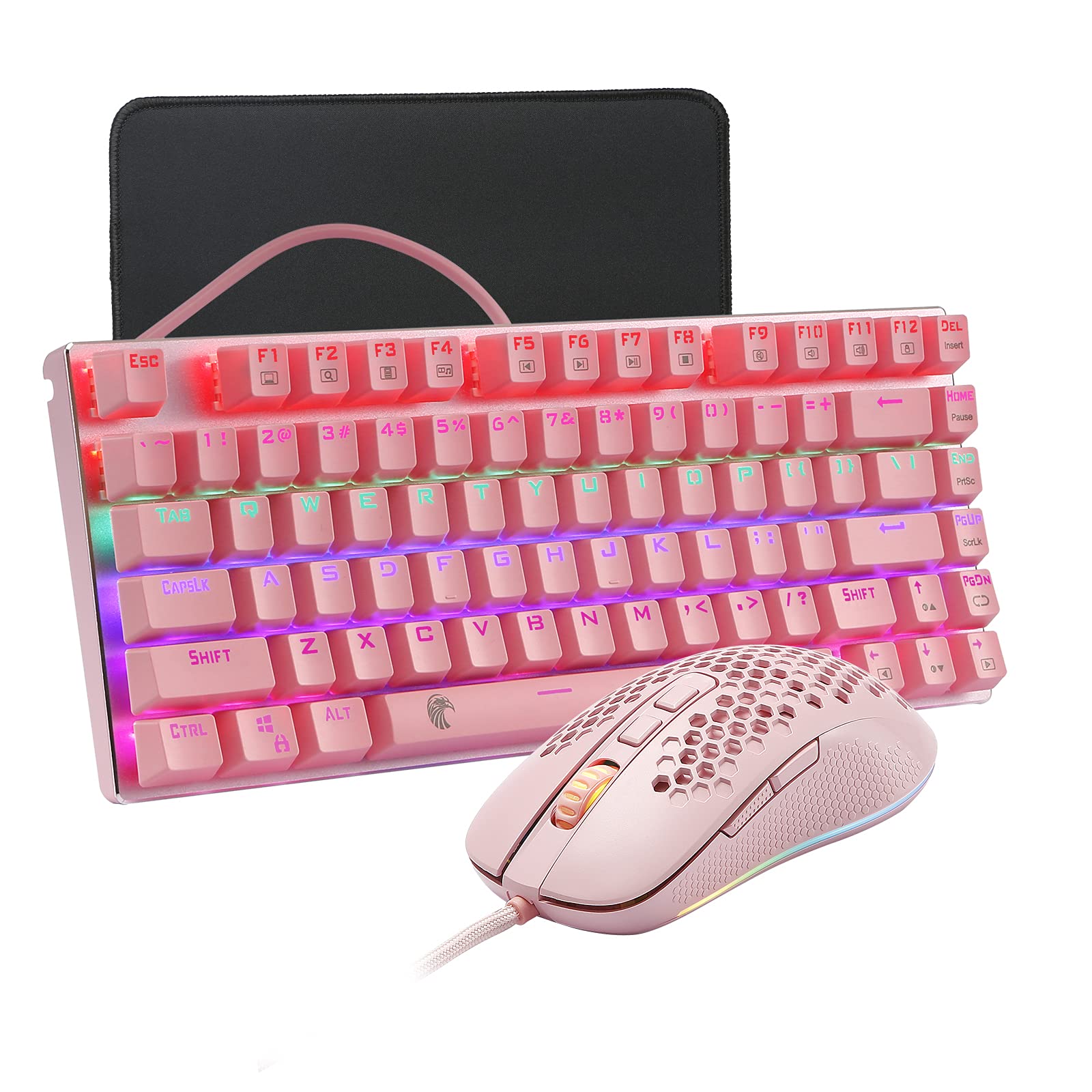 60% Mechanical Keyboard and Gaming Mouse, Mouse Pad Combo. 81 Keys Rainbow Backlit Keyboard (Blue Switch) Pink