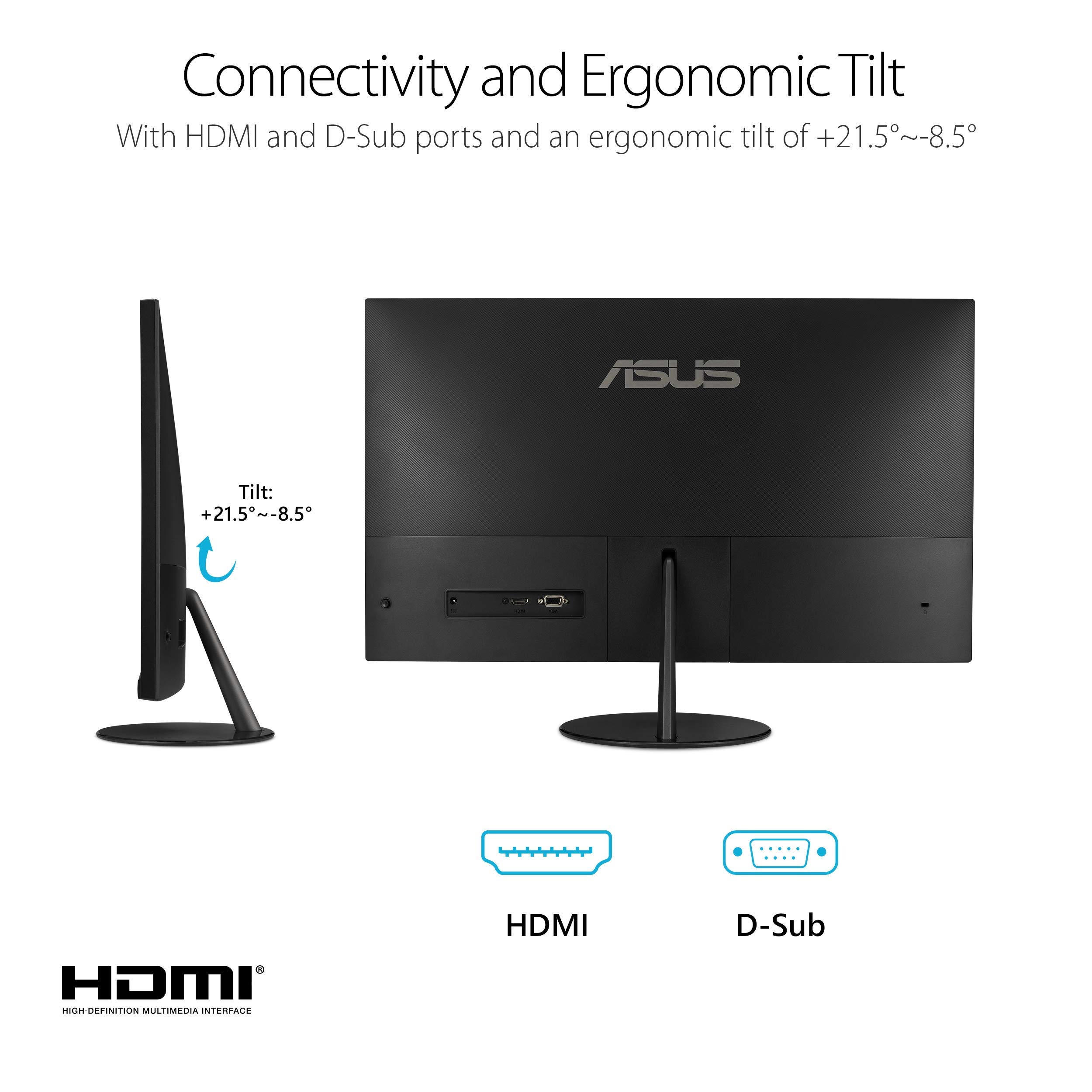 ASUS VL279HE 27” Eye Care Monitor, 1080P Full HD (1920 x 1080), IPS, 75Hz, Adaptive-Sync, FreeSync, HDMI D-Sub, Frameless, Slim, Wall Mountable, Flicker Free and Blue Light Filter,BLACK (Renewed)
