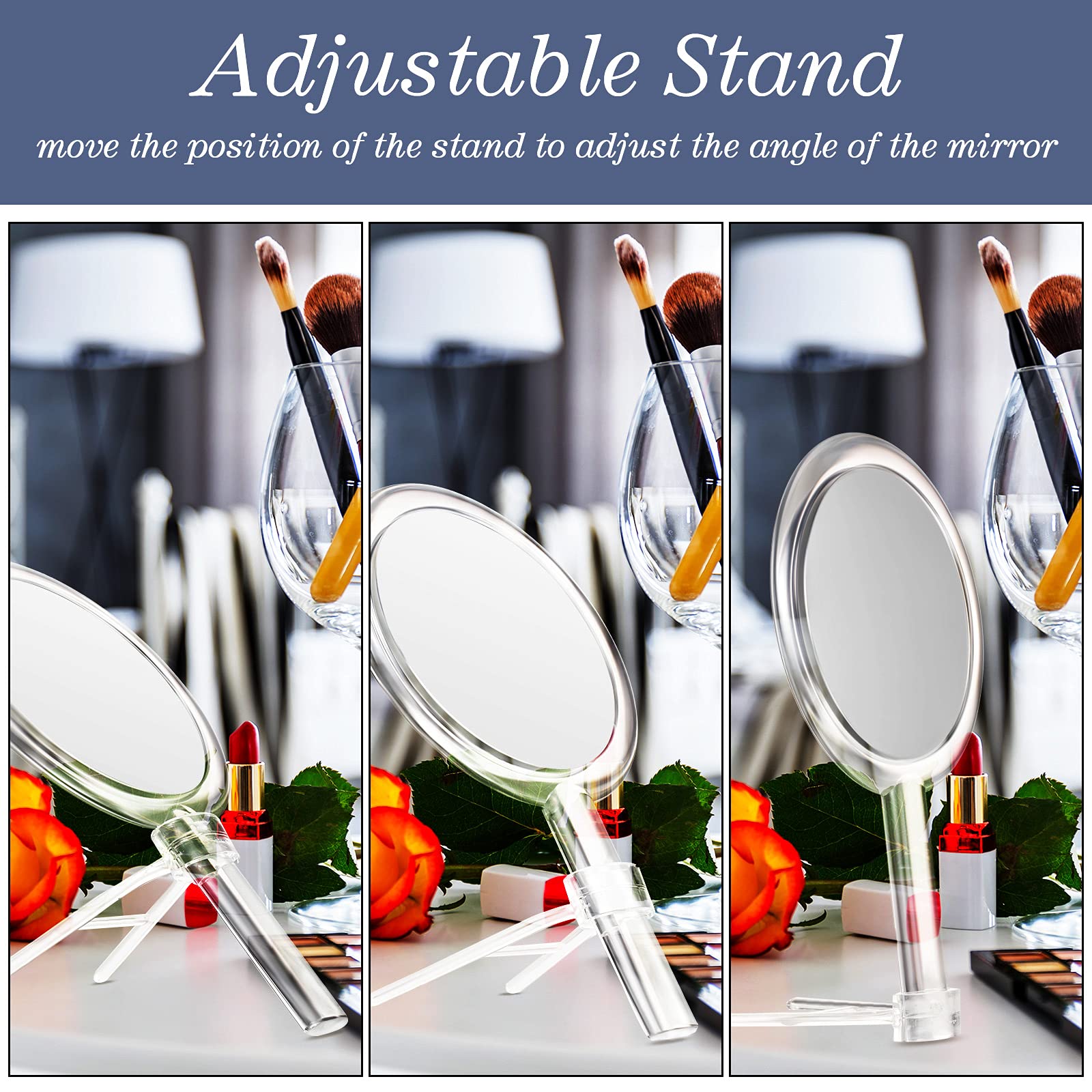 Queekay Double-Sided Handheld Mirror with Stand, 1X/10X Magnifying Mirror, Clear Adjustable, Round Shape, 25.8 x 15 cm