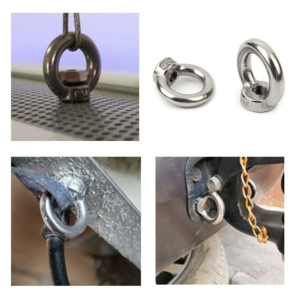 10 Pcs M6 Lifting Eye Nut Lifting Ring Eyebolt Nuts Silver 304 Stainless Steel Ring Shape Lifting Eye Nut for Lifting Accessories Rope Fitting