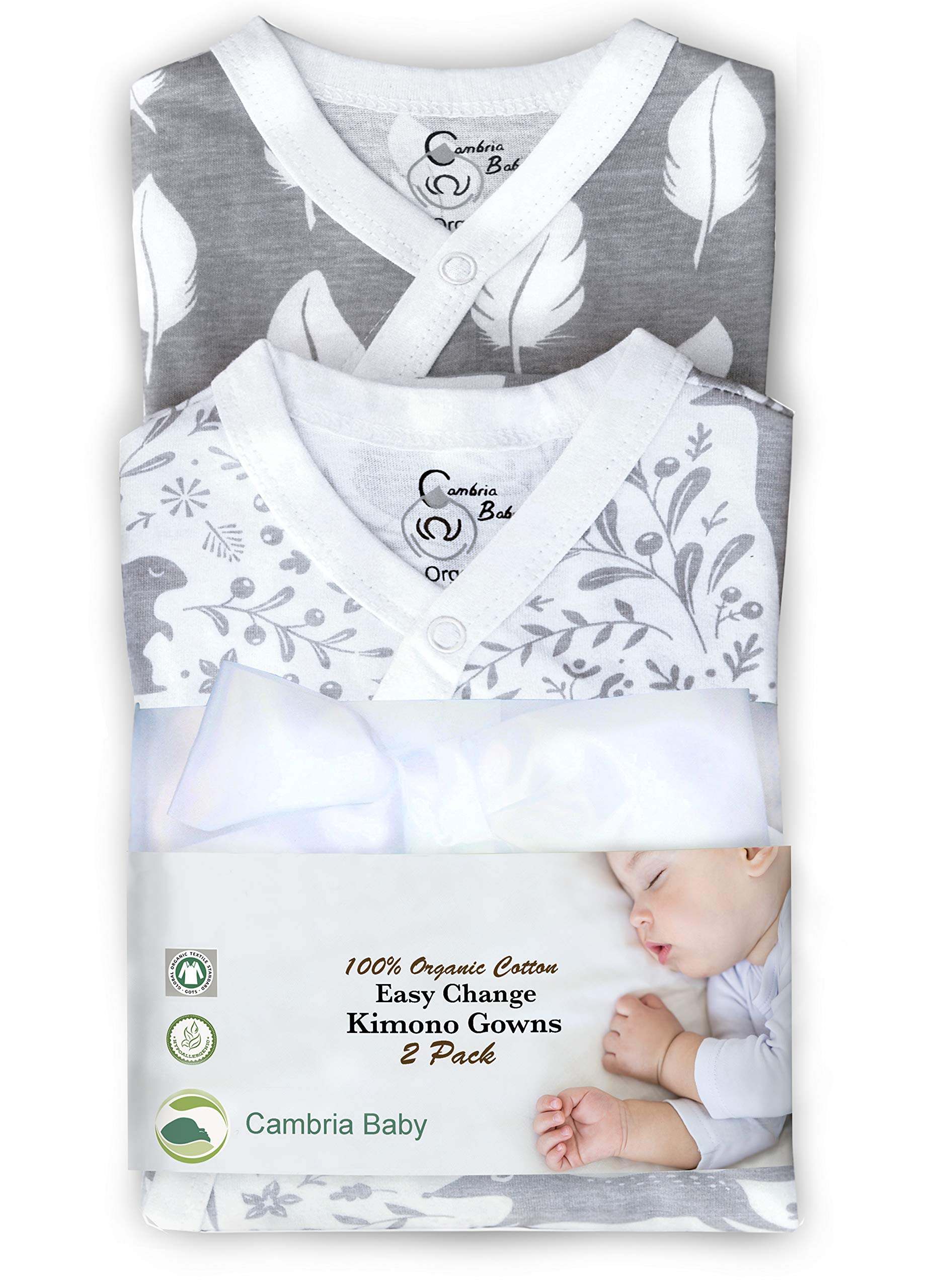 Cambria Baby 100% Organic Kimono Gowns. Side Snaps with Built in Mitts. (0-6 Months, Feathers and Forest Animals)