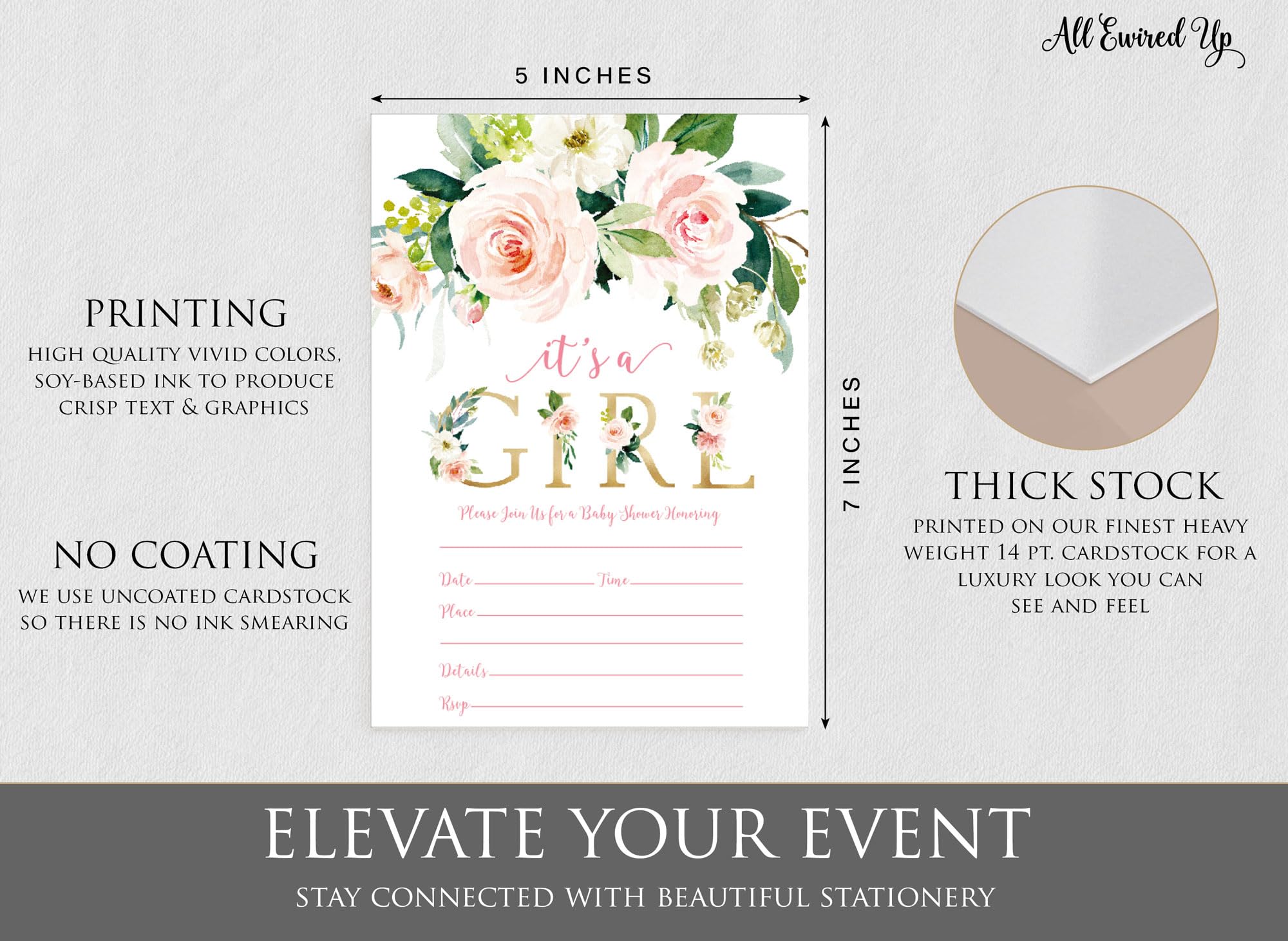 All Ewired Up 25 Pink It's A Girl Baby Shower Invitations with Envelopes (Large Size 5x7) Boxed Set, Double-Sided, Boho Floral Greenery, Sprinkle, Blush Boho