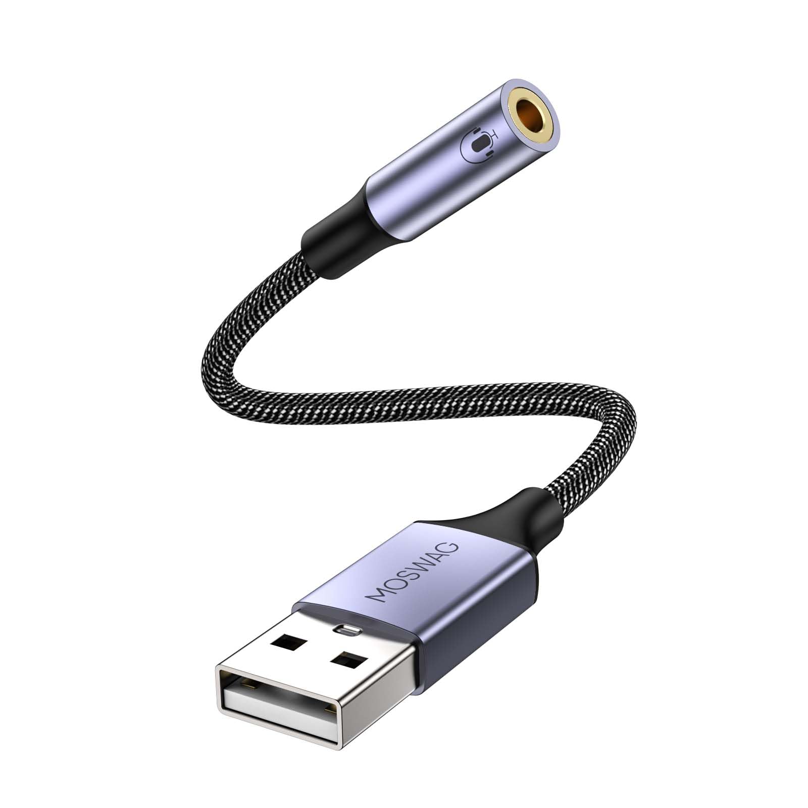 MOSWAG USB to Audio Jack Adapter 0.65Feet/20cm, External Sound Card Jack Audio Adapter with 3.5mm Aux Stereo Converter Compatible with Headset, PC, Laptop, Linux, Desktops, PS4 and More Device