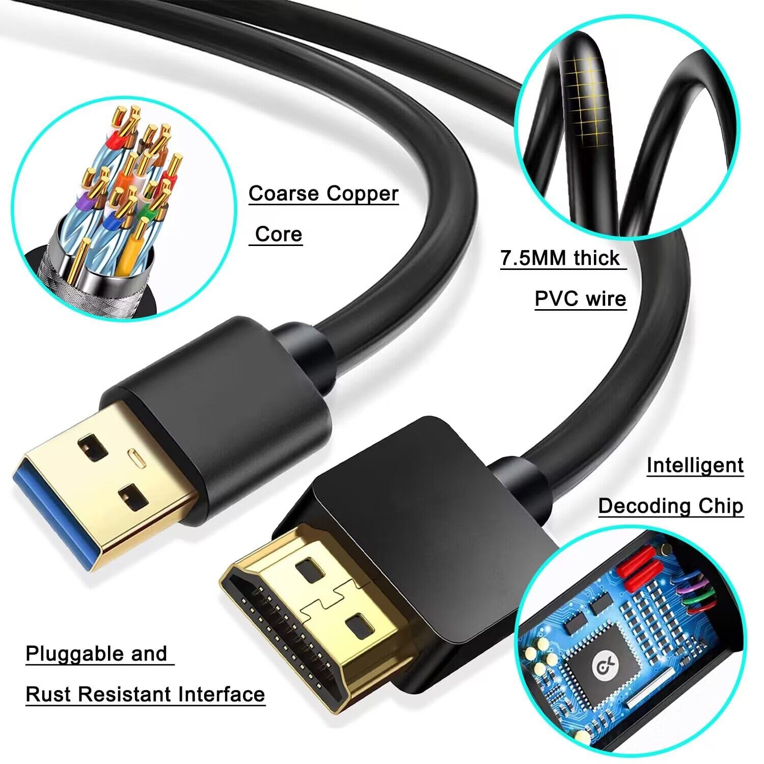 USB to HDMI Adapter Cable, 6.6FT USB to HDMI Male Cable, 1080P HD Monitor Display Audio Video Converter Cable Cord, Only Support Windows XP/7/8/8.1/10 Systems