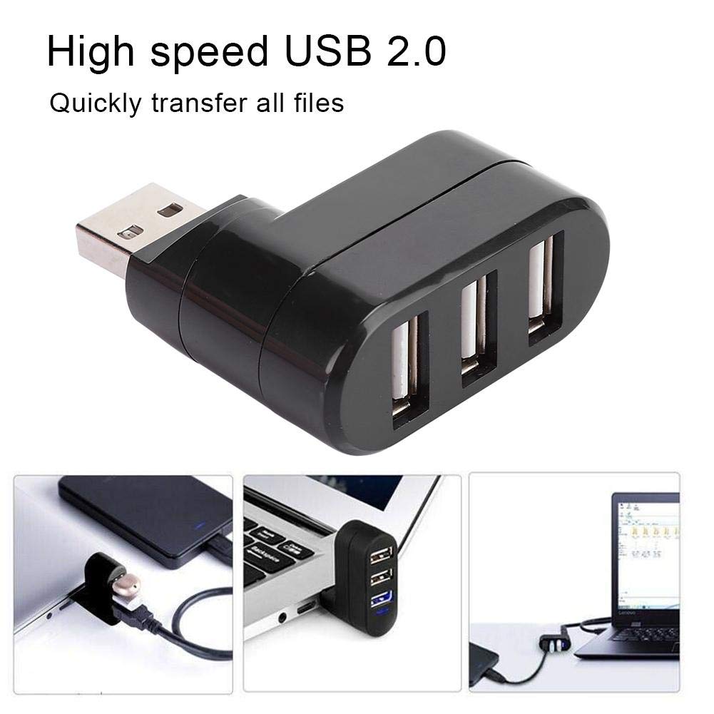 3-port USB HUB2.0 1-to-3 Computer USB Splitter 3-Port Travel USB Wall Charger USB Adapter Charging Station Box Rotatable for Printers, Card Readers, Thumb Drives(Black)