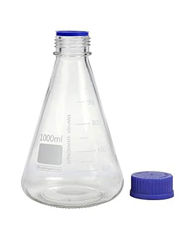 3 Pieces Pastein 1000ml Narrow Mouth Graduated Lab Erlenmeyer Glass Flask Bottle with GL45 Screw Cap (Blue)