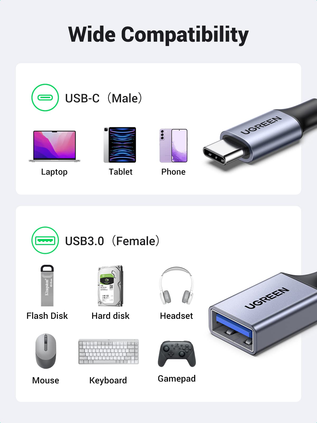 UGREEN USB C to USB 3.1 Gen 1 Adapter Type C OTG Cable USB C Male to USB Female Adapter USB A to USB C Charger Cable Compatible with MacBook Pro MacBook Air/Mini iPad Pro iPhone 13 Pro Samsung Galaxy