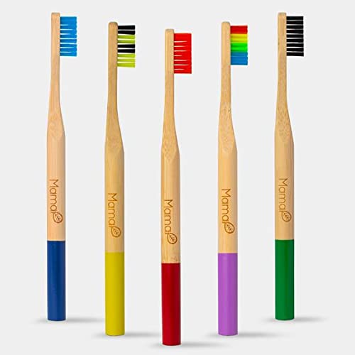 MamaP Bamboo Toothbrush Set for Adults, Medium Nylon Bristles, Family Toothbrush Multipack, Eco-Friendly 100% Natural, Recyclable & Compostable, Multicolor Handle, 5-Pack
