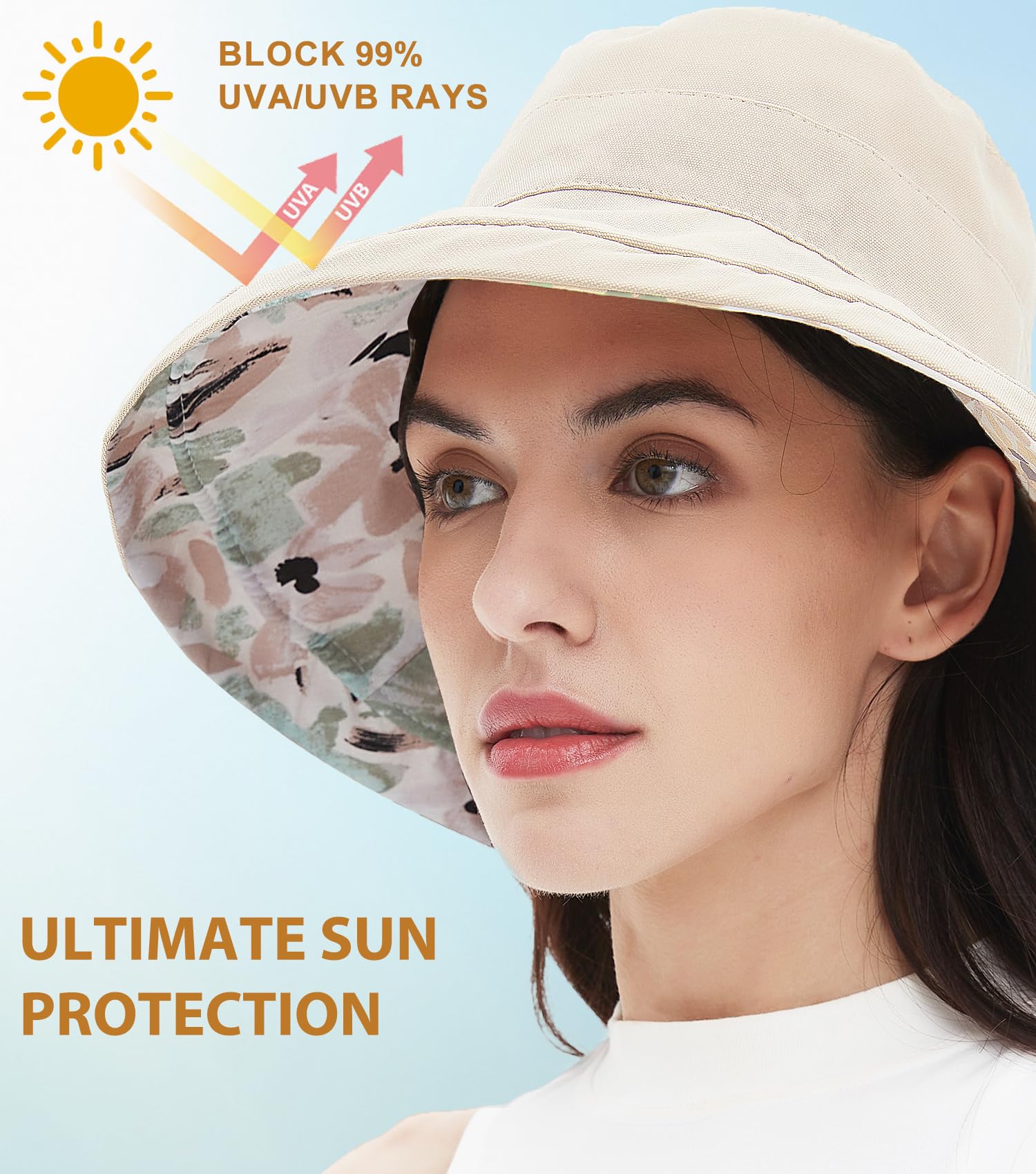 100% Cotton Women Sun Hats Wide Brim Gardening Bucket Hat Travel Sun Protection Packable Womens Beach Hat -Fold-UP Brim