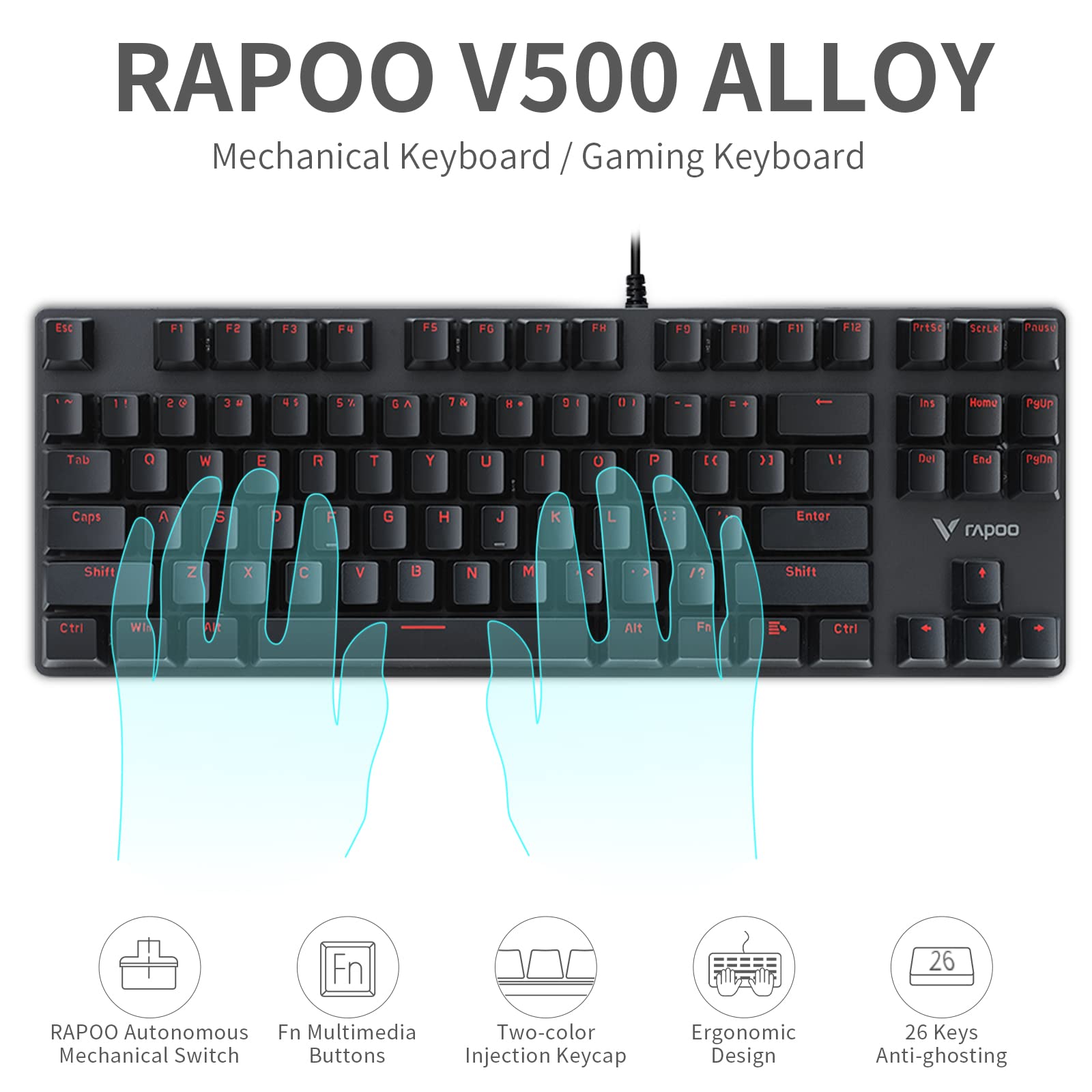 Mechanical Gaming Keyboard, RAPOO V500 Alloy Wired Keyboard with Black Switches for Game Players, Quick Response Gaming Keyboard, Anti-Ghosting Keyboard for Windows Gaming PC/Game Laptop, 87 Keys