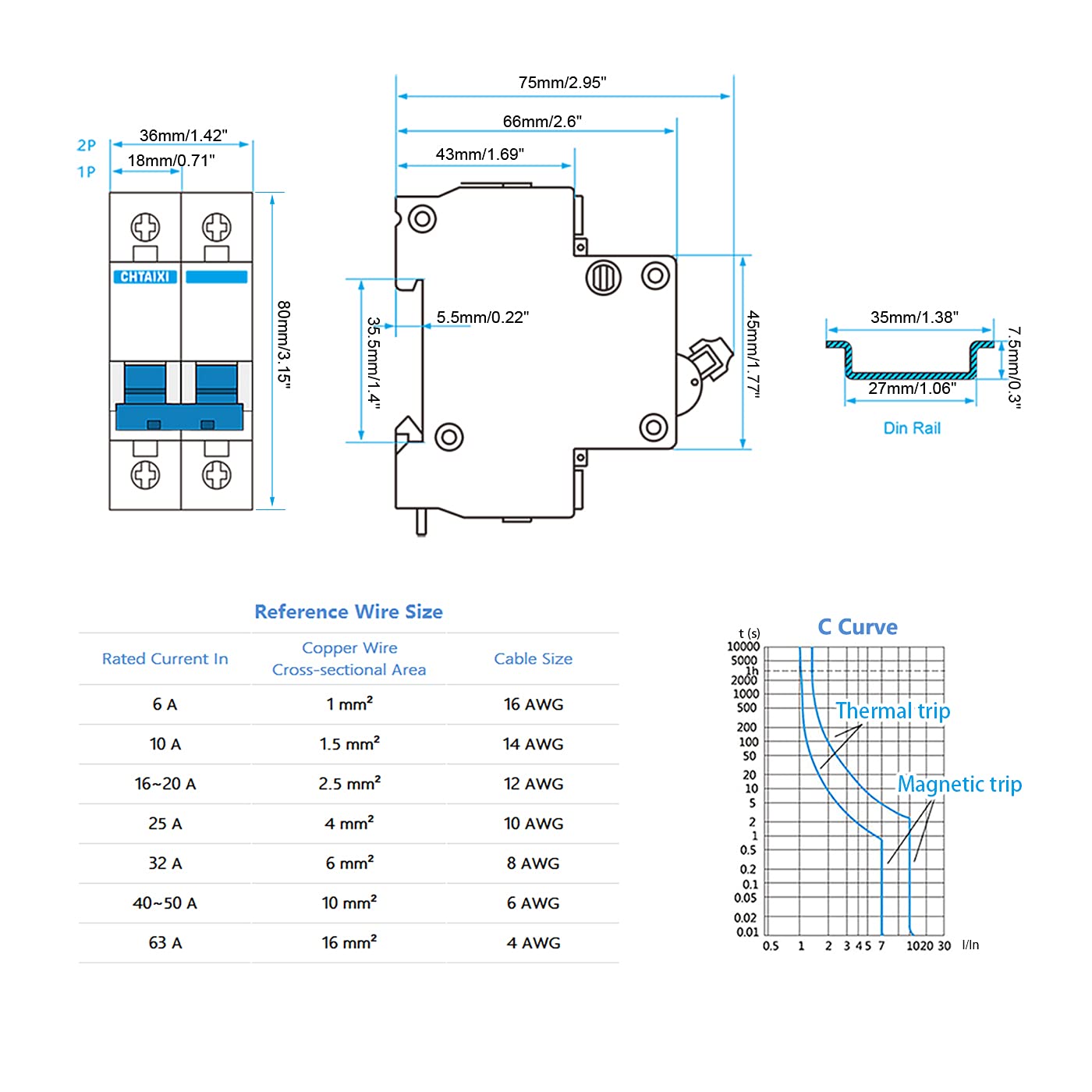 CHTAIXI DC Miniature Circuit Breaker, 2 Pole 1000V 63 Amp Isolator for Solar PV System, Thermal Magnetic Trip, DIN Rail Mount, Chtaixi DC Disconnect Switch C63
