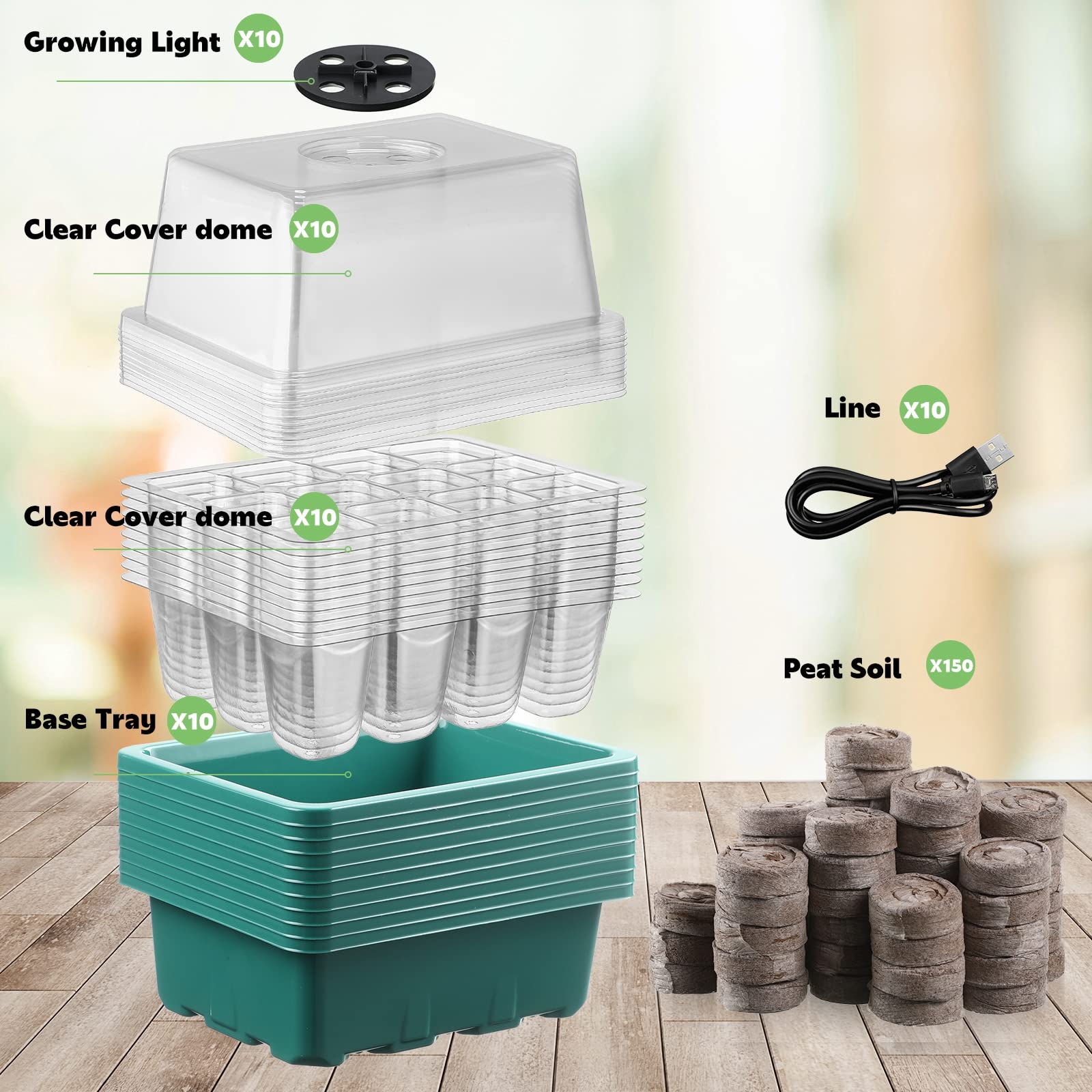 10 Pcs Seed Starter Tray with Grow Light,150 Pcs Soil Peat Pellets,120 Cell Seed Starting Trays with Adjustable Humidity Dome for Indoor Plant Seedling Growing Germinating Propagation