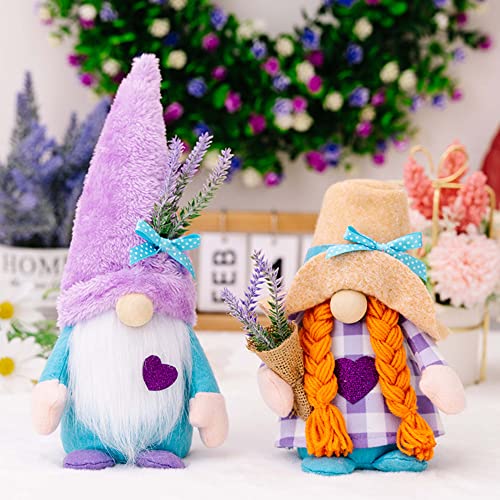 2PCS Purple Lavender Gnomes Plush, Spring Summer Gnomes Decorations for Home, Kitchen Tiered Tray Tomte Decor, Valentine Stuffed Gnomes Gifts for Women, Handmade Ornaments Swedish Home Decorations