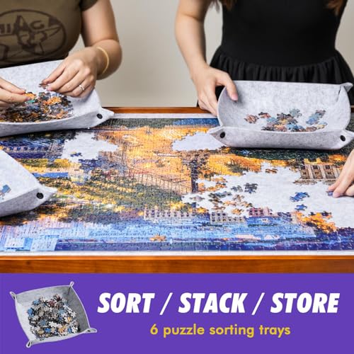 Sunix 1500 Pieces Jigsaw Puzzle Table with Legs, 36"x26" Adjustable Height Puzzle Board with Cover & 6 Sorter Tray, 12-Tilting-Angle Portable Wooden Puzzle Table for Adults