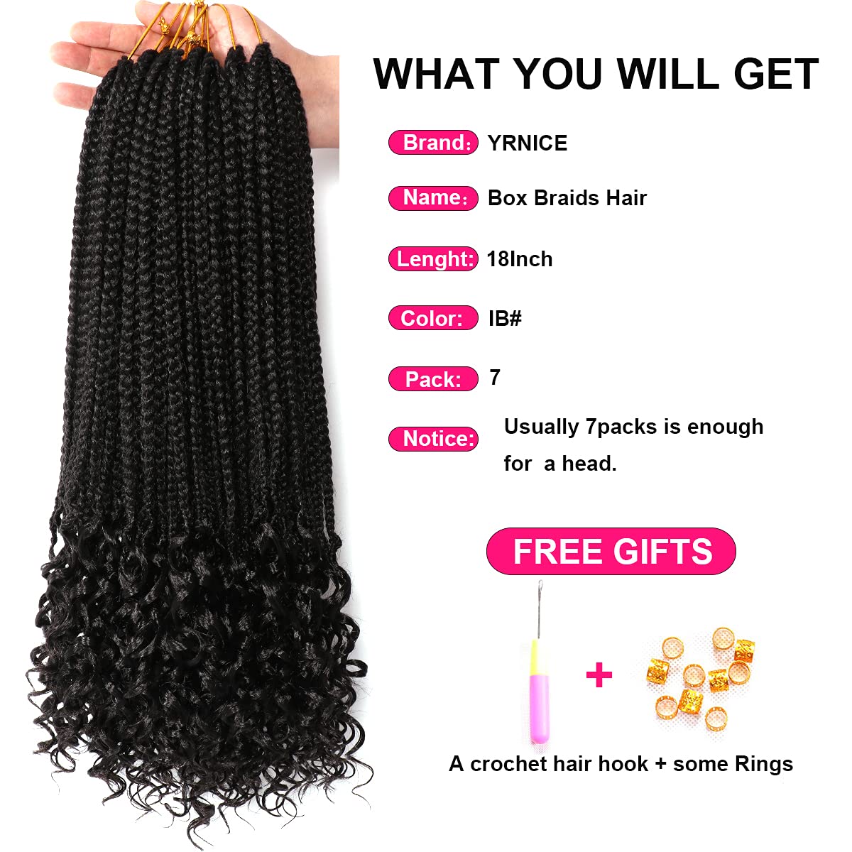 7 Packs 18 Inch Bohemian Goddess Box Braids Crochet Hair for Black Women (18 Inch, 1B#)