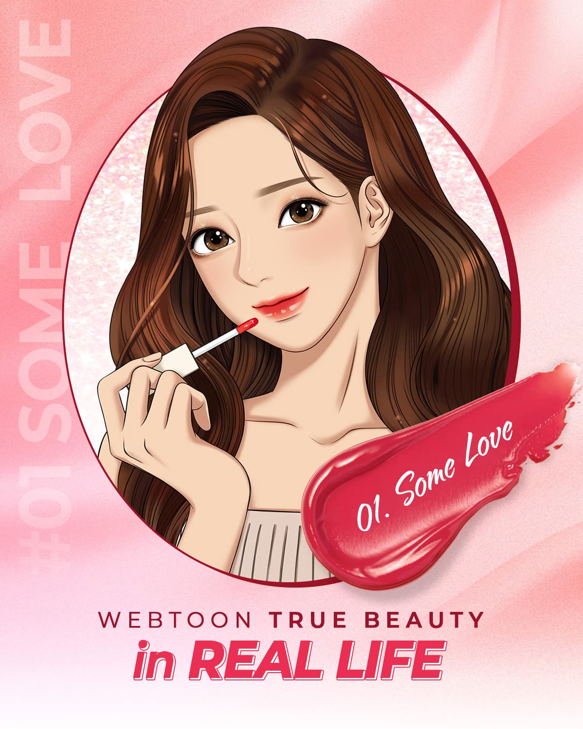 AMTS Webtoon True Beauty - 01 Some Love | Pink Lip Tint Stain | High Pigment Liquid Waterful Shine Non-Sticky Long-Wearing Long-Lasting | True Beauty Cute Pink Makeup