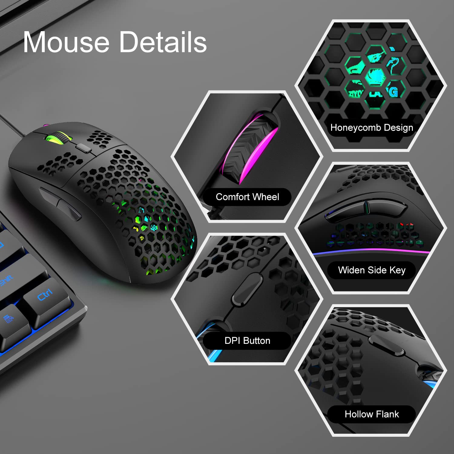 60% Wired Gaming Keyboard and Mouse Combo,Compact RGB Backlit Mini Mechanical Feel Keyboard Converter Adapter,RGB 6400 DPI Lightweight Gaming Honeycomb Shell Mouse for Xbox,PC,Laptop,MAC