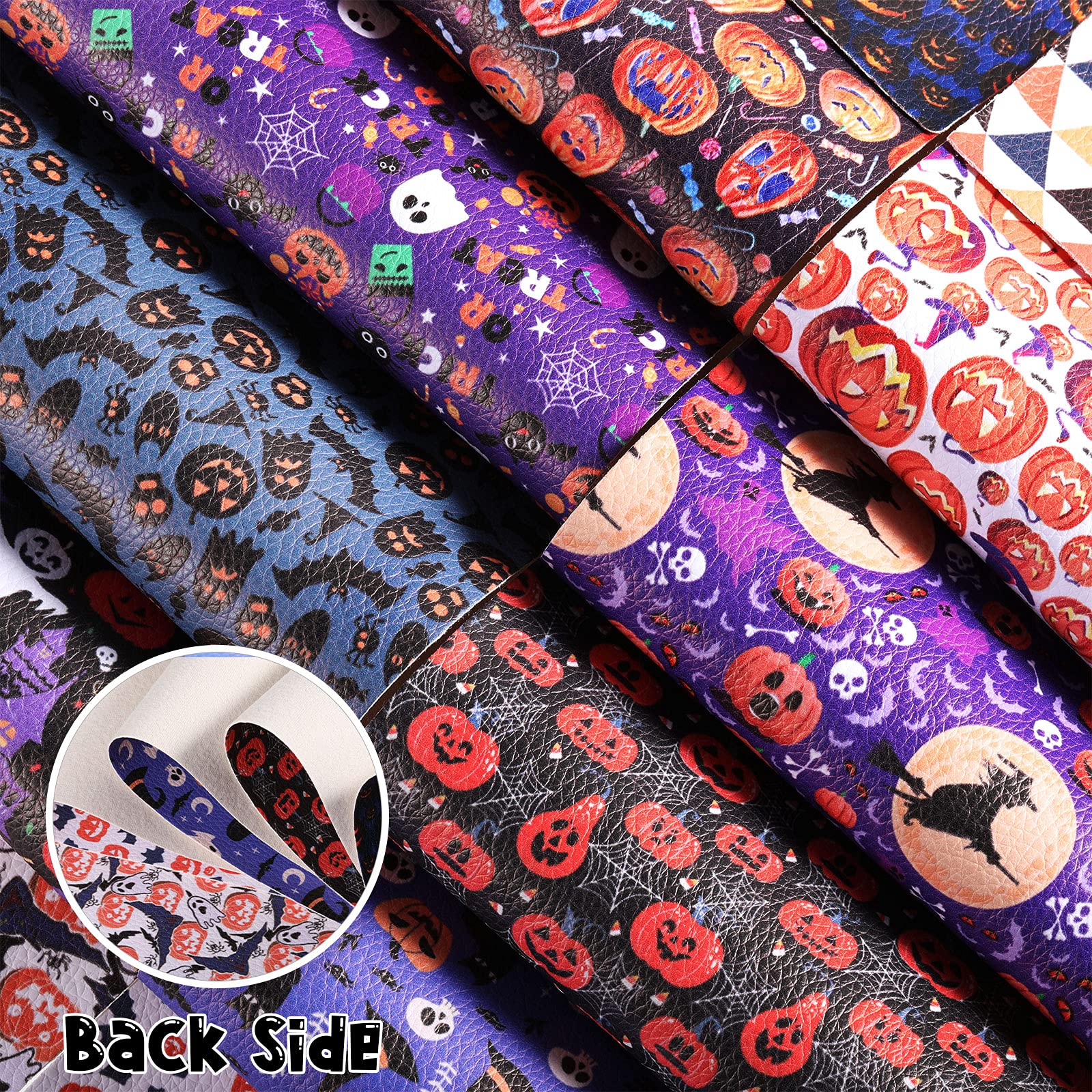 16 Pieces Halloween Faux Leather Sheets Pumpkin Printed Leather Fabric Sheets Ghost Spider Bat Faux Leather Fabric Glitter Sequin Synthetic Leather Sheet, 8.3 x 6.3 Inch for Halloween DIY Craft Decor