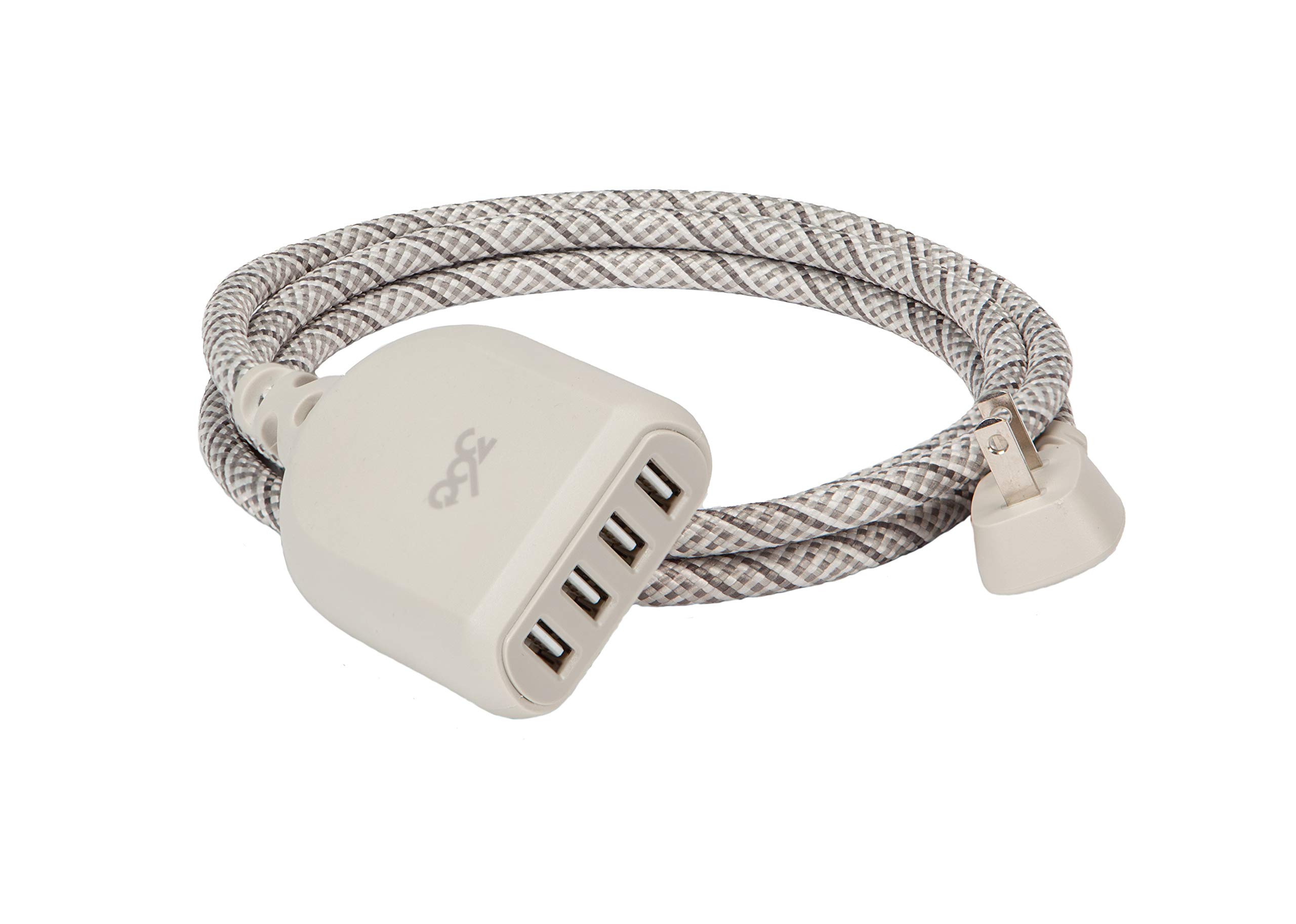 360 Electrical Habitat 4.8, 6 ft 4-Port USB Extension Cord, Durable Braided Casing, French Grey, 4.8A, USB Charger Cable, Power Strip USB Hub Charging Station for USB C, Iphone, Tablet, Android