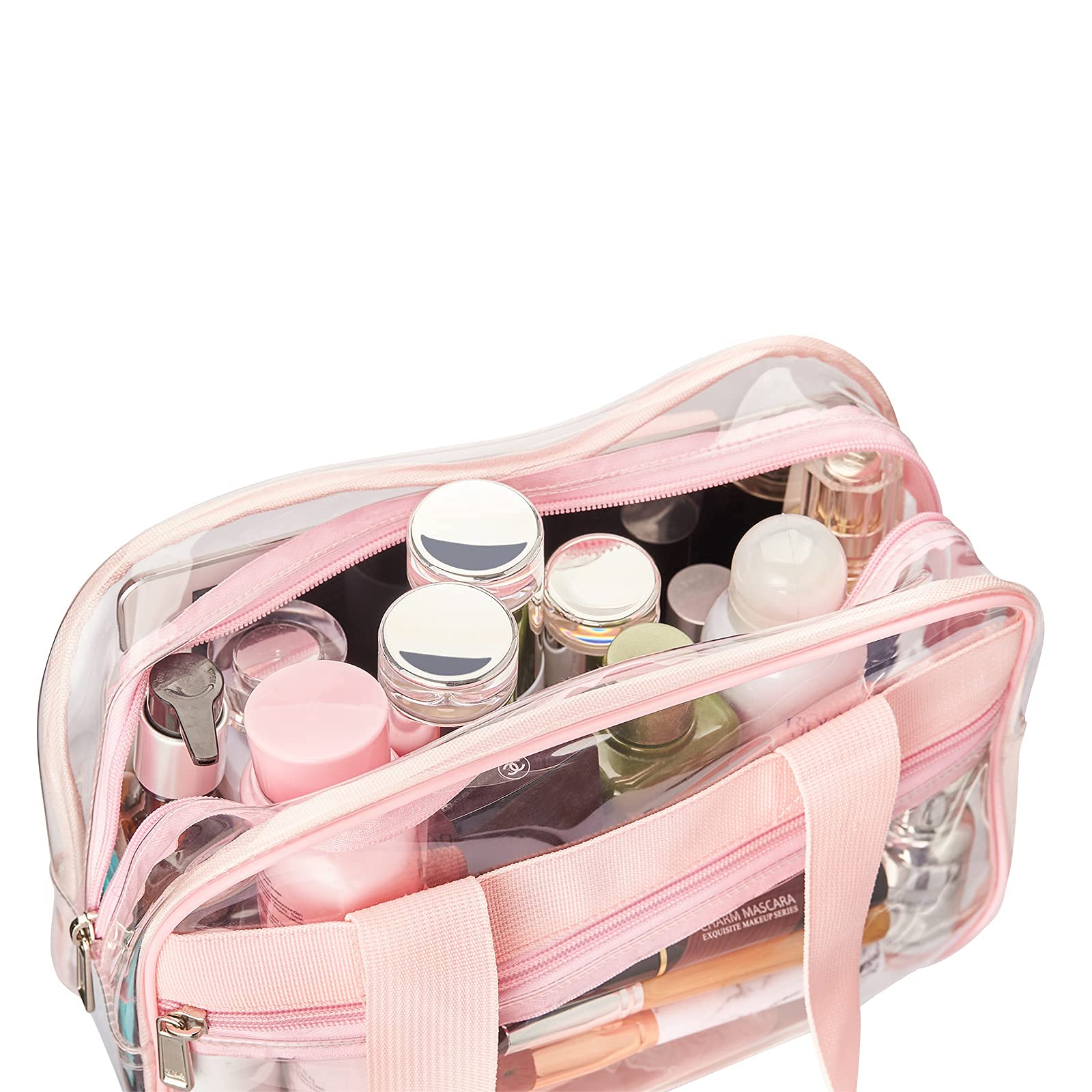 Premium Large Clear Makeup Cosmetic Toiletry Organizer Bag, Clear Tote Bag Stadium Approved, Mini Clear Purse for Gym, Work, Travel or Concert (Pink)