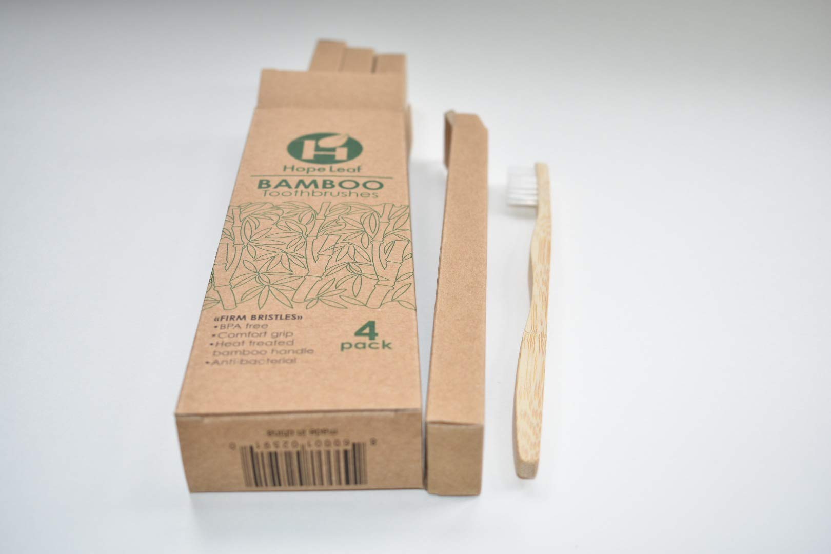 4 Pack Bamboo Toothbrushes by Hope Leaf ((Firm Bristles)) Natural Biodegradable Durable Vegan Organic