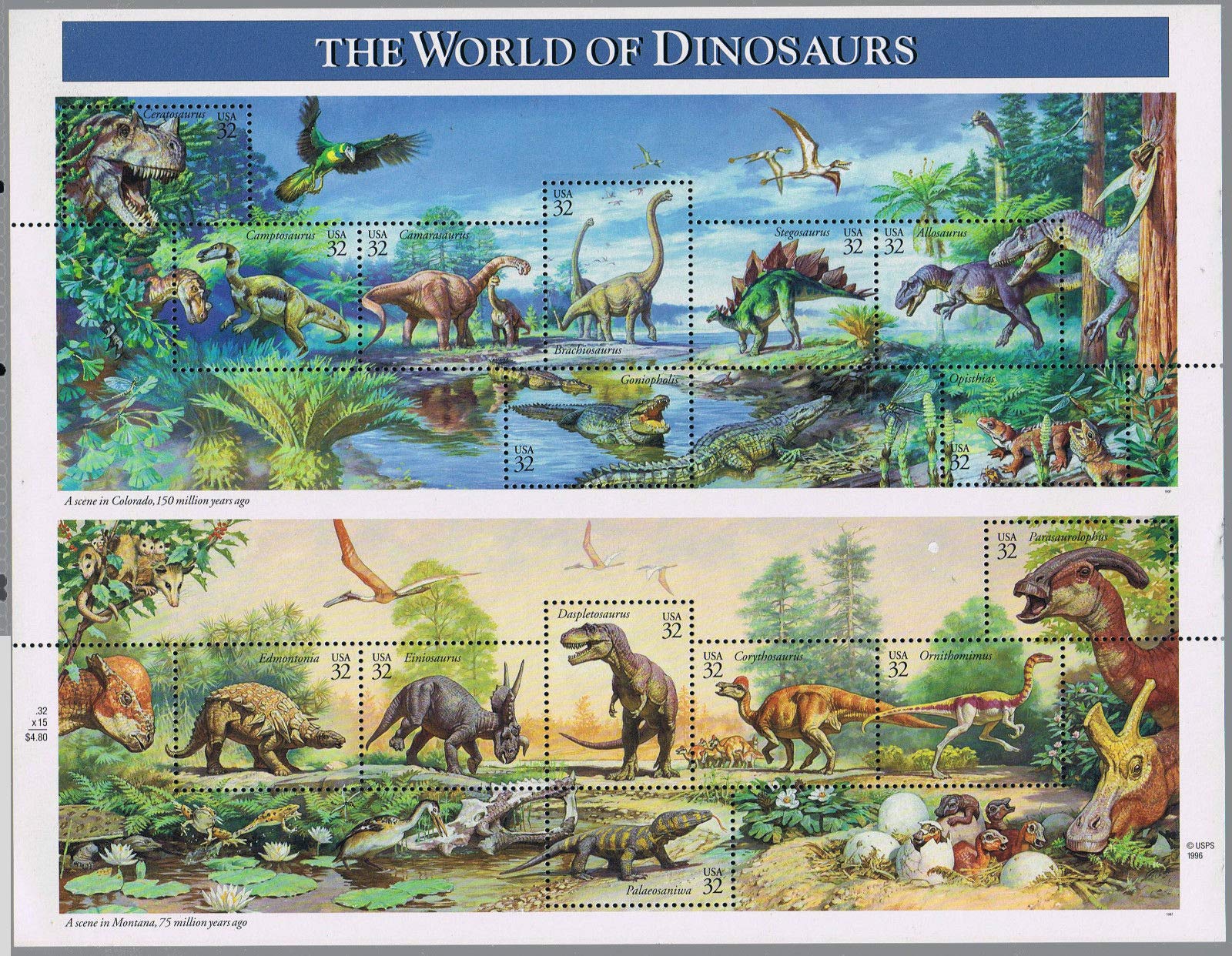 1997 The World of Dinosaurs Sheet of Fifteen 32 Cent Postage Stamps Scott 3136 By USPS