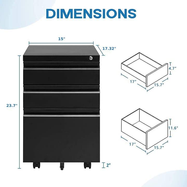 Black File Cabinet, 3 Drawer Mobile File Cabinet with Lock and Wheels, Under Desk Metal Filing Cabinet for Office,Lockable Rolling Cabinet with 2 Keys for Legal/Letter/A4 Size, Fully Assembled (A)