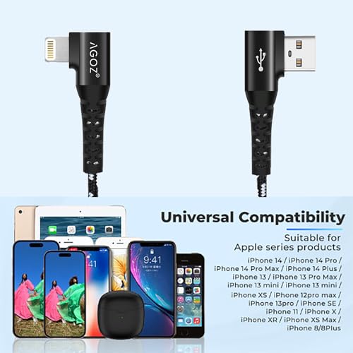 AGOZ Apple MFI Certified USB to Lightning Cable, 90 Right Angle Short iPhone Charging Cable Cord, for iPhone 14, 13, 12 Pro Max, SE, 11 Pro Max, Xs XR (6 inch)