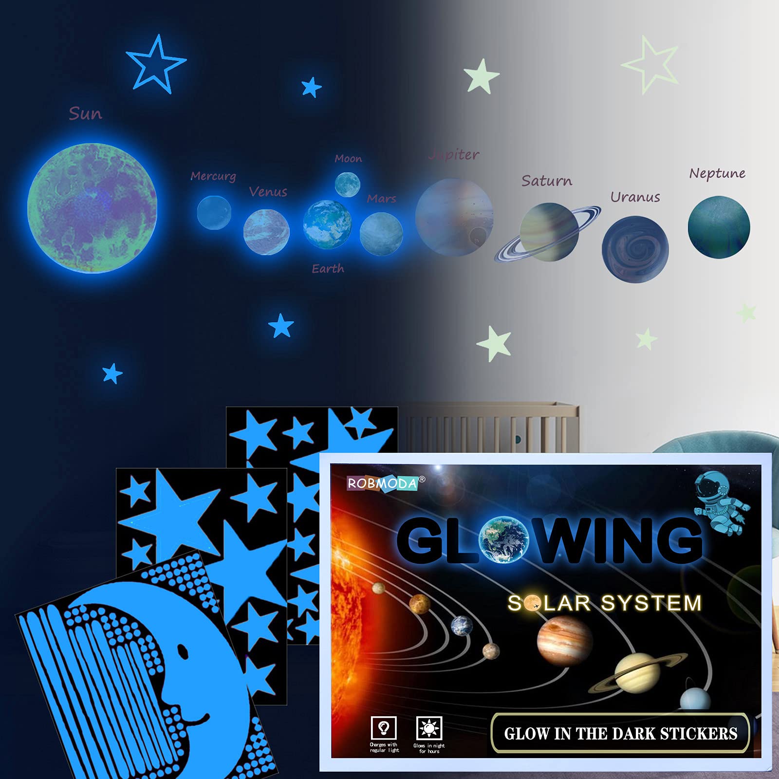 Blue Glow in The Dark Solar System Wall Decals,158 pcs Ceiling Light Stars and Moon Decoration, Planet Decor for Kids Boys Bedroom, Starry Sky Stickers for Nursery
