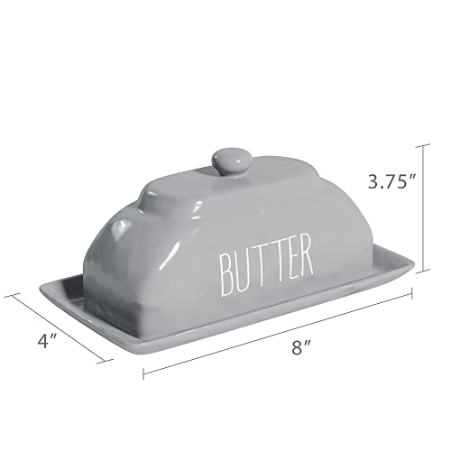 Barnyard Designs Ceramic Butter Dish with Lid for Countertop, Large Butter Holder, Butter Crock for Counter, Covered Butter Dish for Refrigerator, Farmhouse Dishes Kitchen Decor, Grey, 8" x 4"