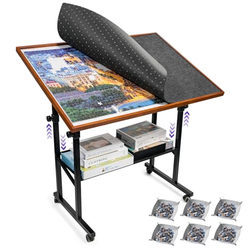 Sunix 1500 Pieces Jigsaw Puzzle Table with Legs, 36"x26" Adjustable Height Puzzle Board with Cover & 6 Sorter Tray, 12-Tilting-Angle Portable Wooden Puzzle Table for Adults